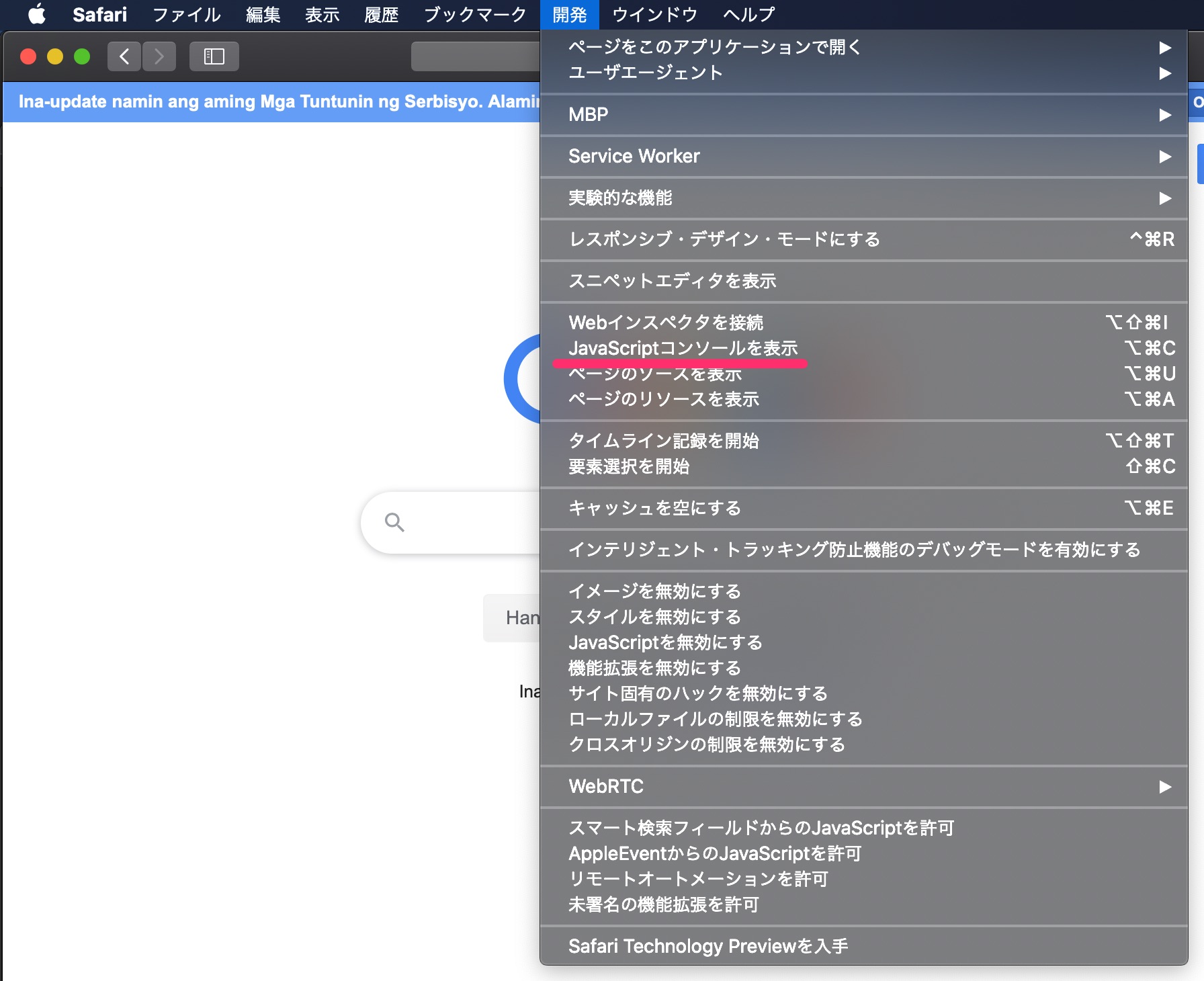 Safariで検証のためにJavaScriptのコンソールを表示する方法 | オノログ